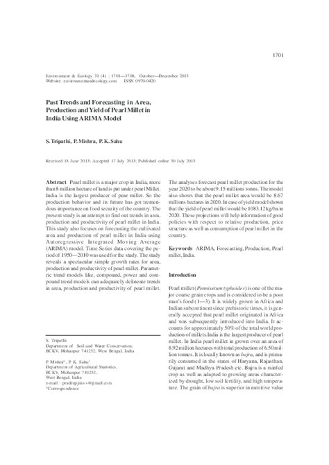 Pdf Past Trends And Forecasting In Area Production And Yield Of Pearl Millet In India Using