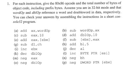 For Each Instruction Give The 80 Times 86 Opcode And Chegg Com