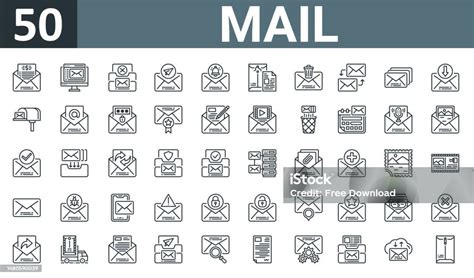 송장 웹 메일 제거 보내기 알림 편지 보고서 프레젠테이션 다이어그램 웹 디자인 모바일 앱에 대한 휴지통 벡터 얇은 아이콘과 같은 50개의 개요 웹 메일 아이콘 세트 0명에