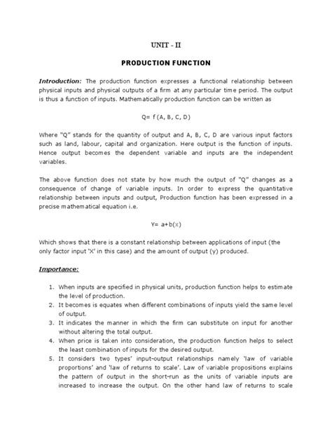 Unit Ii Production Function Pdf Production Function Long Run And Short Run