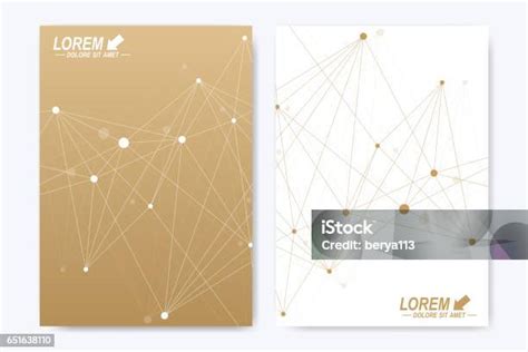 벡터 템플릿 안내 책자 전단지 전단지 광고 표지 카탈로그 잡지 또는 연례 보고서 기하학적 배경 분자 그리고 커뮤니케이션입니다 골든 자동 제어 점입니다 라인 총입니다 카드