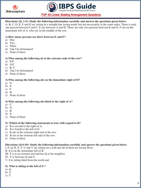 Top 50 Linear Seating Arrangement Questions Pdf