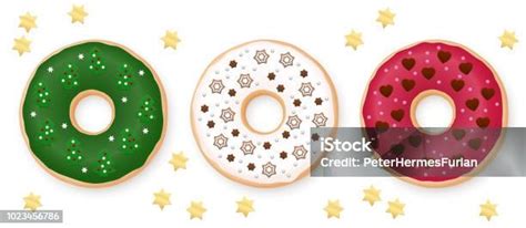 크리스마스 도넛 설정합니다 녹색 백색과 빨강 도넛 장식 달콤한 축제 퐁 당초콜릿 감 복숭아 사탕 설탕 별 전나무 나무 눈송이 마음 화이트에 고립 된 벡터입니다 크리스마스에