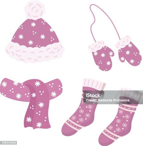 겨울 옷의 벡터 세트입니다 겨울과 가을을 위한 니트 액세서리 모자 스카프 벙어리 장갑 양말 겨울 모직 옷 겉옷은 장식이 있는