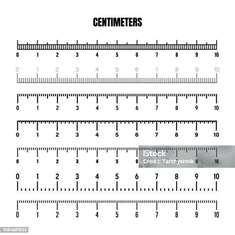 길이 또는 높이를 측정하기위한 사실적인 검은 센티미터 스케일 분할이 있는 다양한 측정 스케일 눈금자 테이프 측정 표시 크기 표시기 벡터 일러스트 레이 션 0명에 대한 스톡