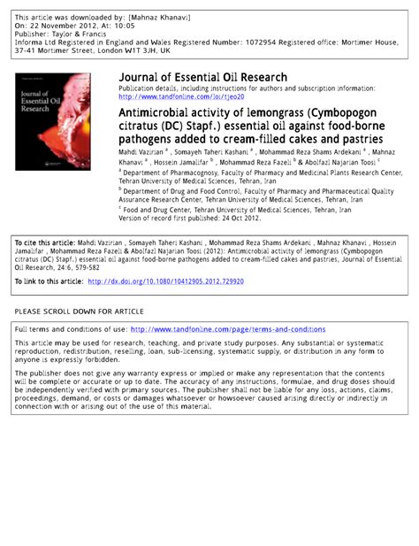 Pdf Antimicrobial Activity Of Lemongrass Cymbopogon Citratus Dc