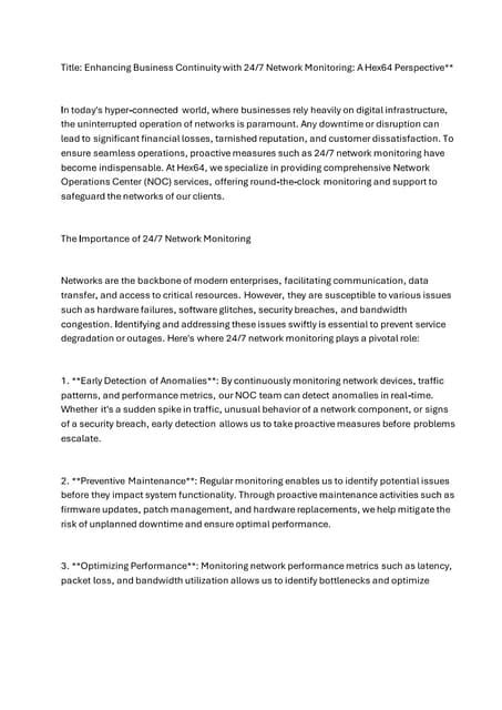 Enhancing Business Continuity With 24 7 Network Monitoring A Hex64 Perspective Pdf