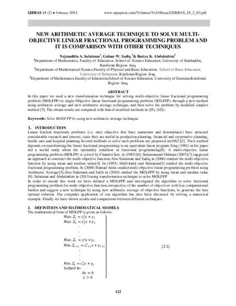 Pdf New Arithmetic Average Technique To Solve Multi Objective Linear Fractional Programming
