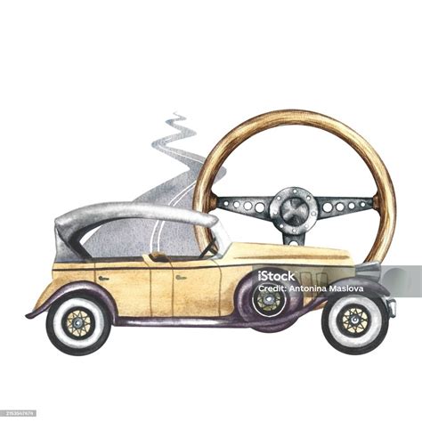 빈티지 복고풍 자동차 측면도 골동품 나무 스티어링 휠 원근감 있는 포장 도로 손으로 만든 수채화 일러스트 배너 전단지 또는