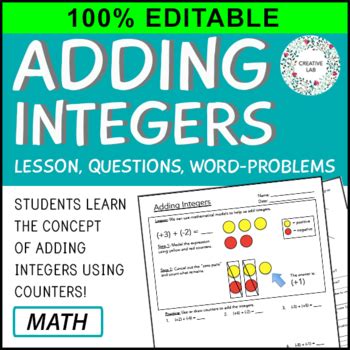 Adding Integers Lesson Practice Questions 100 Editable By Creative Lab