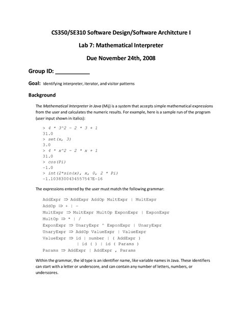 Mathematical Interpreter Lab 7 Cs 350 Docsity