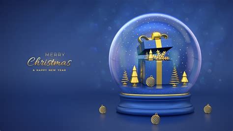크리스마스 인사말 카드입니다 열린 선물 상자 황금 쇼플레이크와 빛나는 공 스노우 글로브 안의 금속 가문비나무 새해 배경 크리스마스 휴일 포스터 배너 전단지 3d 벡터