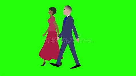 Animation With Man And Women Character Walking Side View Seamless Loop On Green Screen Chroma