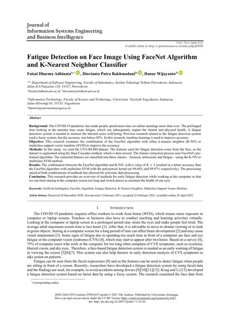 Pdf Fatigue Detection On Face Image Using Facenet Algorithm And K
