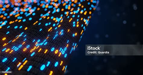 플레어 추상 파란색과 주황색 디지털 이진 코드 매트릭스 배경 미래 지향적인 빅 데이터 정보 기술 데이터 센터 블록 체인 인터넷 고속 3d 렌더링 0명에 대한 스톡 사진 및