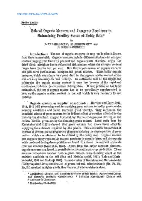 Pdf Role Of Organic Manures And Inorganic Fertilizers In Maintaining