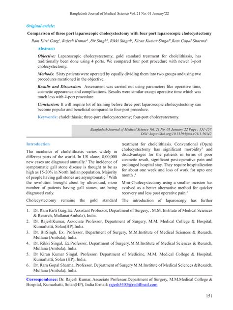 Pdf Comparison Of Three Port Laparoscopic Cholecystectomy With Four Port Laparoscopic