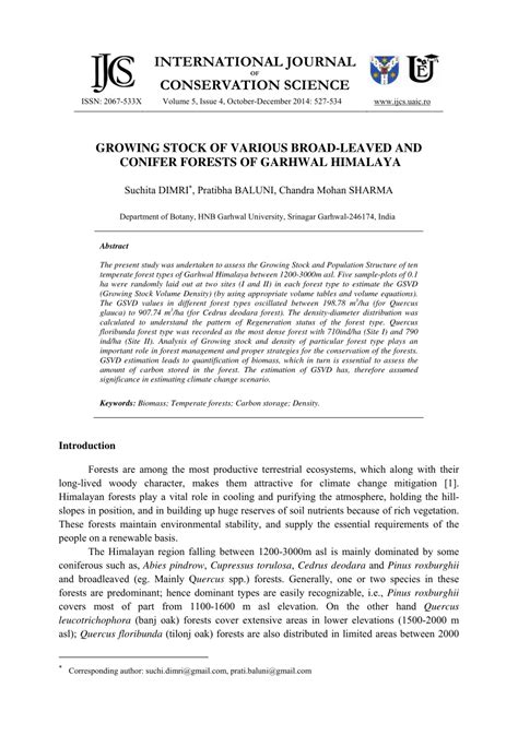 Pdf Growing Stock Of Various Broad Leaved And Conifer Forests Of Garhwal Himalaya Suchita