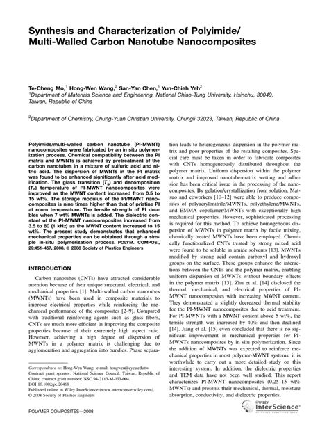 Pdf Synthesis And Characterization Of Polyimidemulti‐walled Carbon Nanotube Nanocomposites