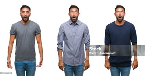 두려워 하 고 놀라운 식 공포와 흥분된 얼굴 충격 절연된 배경 위에 잘생긴 젊은 인도 사람 콜라주 감정에 대한 스톡 사진 및