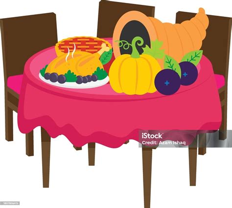 Cornucopia 장식된 와 전통적인 추수 감사절 저녁 식사 테이블 개념 벡터 아이콘 디자인 추수 감사절 상징 칠면조 날 표시 국가의 문화적인 휴일 장면 스톡 일러스트