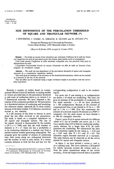 Pdf Size Dependence Of The Percolation Threshold Of Square And