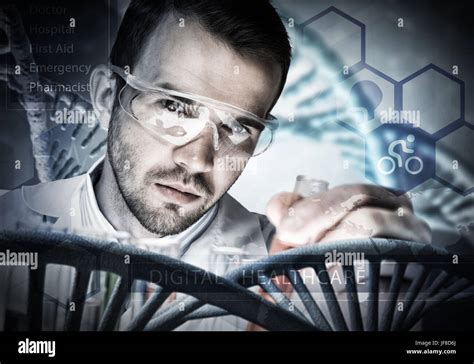 Handsome Scientist Making Research Over Dna Molecule Structure Stock Photo Alamy