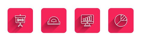 세트 라인 칠판 각도기 그래프 차트가 있는 컴퓨터 모니터 및 긴 그림자가 있는 파이 인포그래픽 빨간색 사각형 버튼입니다 벡터 0명에 대한 스톡 벡터 아트 및 기타 이미지