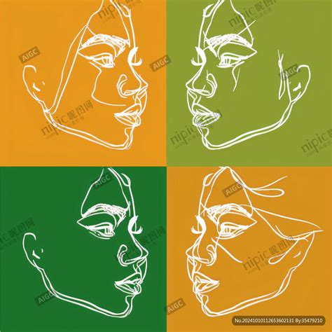 Ai创作图人物情绪插画 人脸轮廓线条 面部线稿 人物线条图 线条头像 三面人像图 人物线条画 人物装饰画原创 画面共四个色块 脸部线稿 线条画人物 线条肢体动作 时尚高端极简手绘人物 简约粗狂