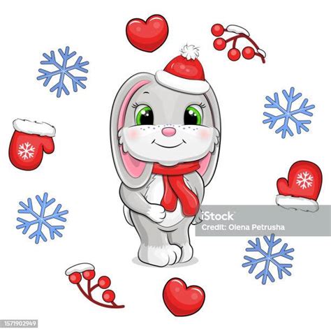 겨울 프레임에 빨간 스카프와 모자를 쓴 귀여운 만화 회색 토끼 12월에 대한 스톡 벡터 아트 및 기타 이미지 12월 겨울