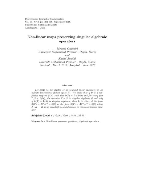 Pdf Non Linear Maps Preserving Singular Algebraic Operators