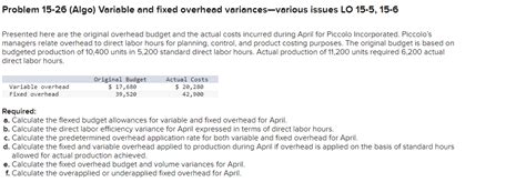 Solved Problem 15 26 Algo Variable And Fixed Overhead Chegg Com