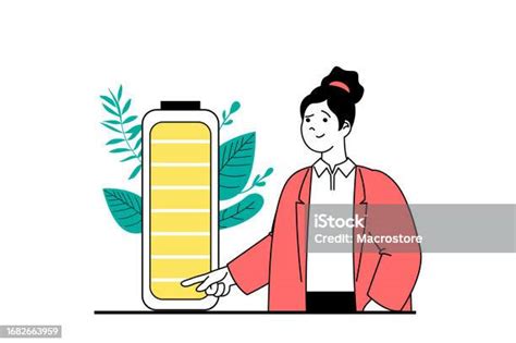 플랫 웹 디자인에서 사람들 장면을 가진 녹색 에너지 개념 배터리를 충전하는 여성 스마트한 용도는 충전하고 자연과 식물을