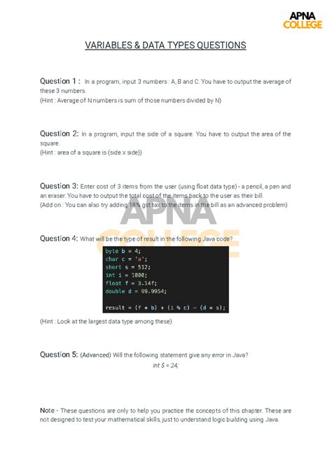 617 Variables Data Types Practice Questions For Java Programming Studocu