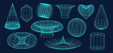 Set Of Vector 3d Geometric Wireframes Shapes Distortion And Transformation Of Figure In Neon