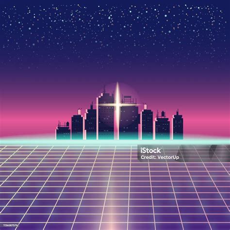 도시 태양 별과 스타일 레이저 그리드와 레트로 미래의 풍경 Synthwave 네온 Retrowave 디자인 및 요소 공상 과학 80s 90 년대 공간 벡터 일러스트 레이 션