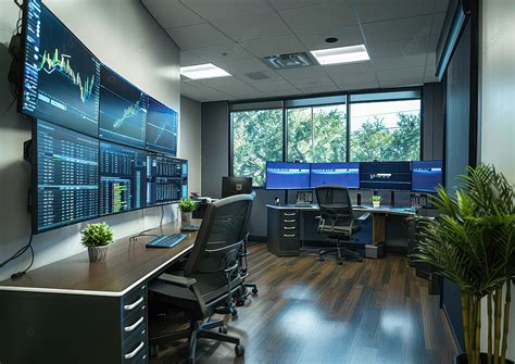 A Modern Office Space Equipped With Multiple Screens For Data Analysis And Monitoring Background