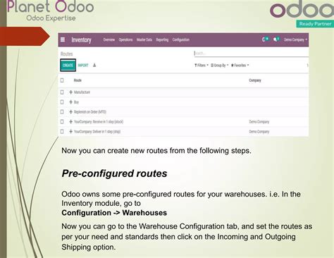 Odoo 13 Inventory Using Routes Procurement And Push Rules Ppt