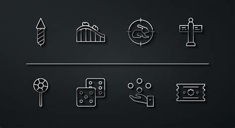 불꽃놀이 로켓 롤리팝 도로 교통 표지판 저글링 공 게임 주사위 롤러코스터 티켓 및 십자선 아이콘이 있는 토끼 사냥을 설정합니다 벡터 가능성에 대한 스톡 벡터 아트 및 기타