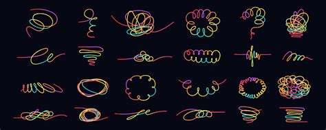 현대적인 손으로 그린 추상적 인 물결 모양의 선과 검은 색 배경에 생생한 색상의 낙서 스케치 모음 장난기 넘치는 기하학적 유동적인 유기적 형태가 고립되어 있습니다 트렌디한