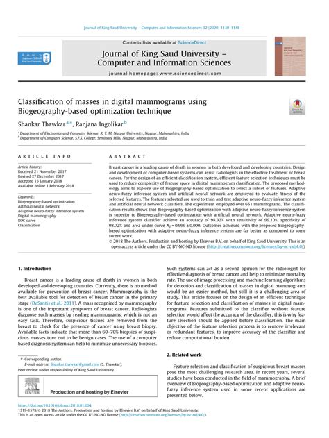 pdf classification of masses in digital mammograms using biogeography based optimization technique