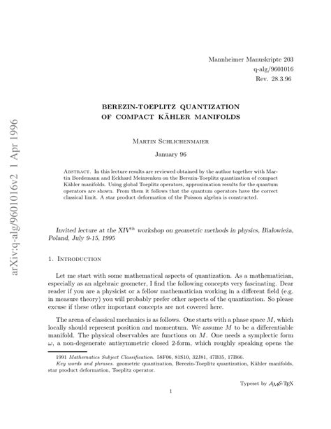 Pdf Berezin Toeplitz Quantization For Compact Kähler Manifolds An Introduction