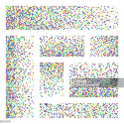 픽셀 분해 붕괴 효과 정사각형 모양으로 만들어진 다양한 직사각형 요소 분산된 점선 패턴입니다 단순한 입자가 있는 모자이크 질감 컬러 노이즈 벡터 일러스트 레이 션 가리키기에