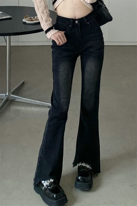 핑크프릴 비앙 블랙 워싱 하이웨스트 불규칙한 데미지 데님 팬츠