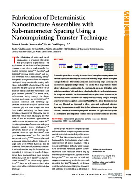 Pdf Fabrication Of Deterministic Nanostructure Assemblies With Sub Nanometer Spacing Using A
