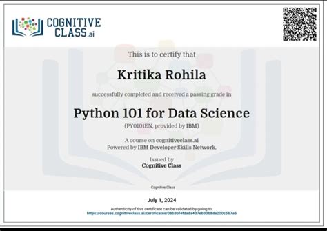 Successfully Completed Python 101 For Data Science Certification 💫 ️ Kritika Rohila