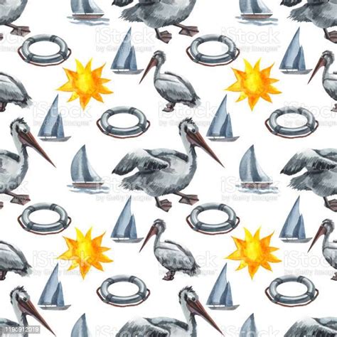 펠리컨 손으로 그리기 장식 배경 수채화 원활한 패턴입니다 섬유 천 벽지 스크랩북 인쇄 경외감에 대한 스톡 벡터 아트 및 기타 이미지 Istock