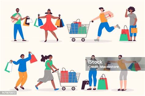 플랫 디자인으로 쇼핑하는 사람들 가방과 카트를 가진 남성과 여성 슈퍼마켓 상점 또는 쇼핑몰에서 구매하는 구매자 다양한 캐릭터의