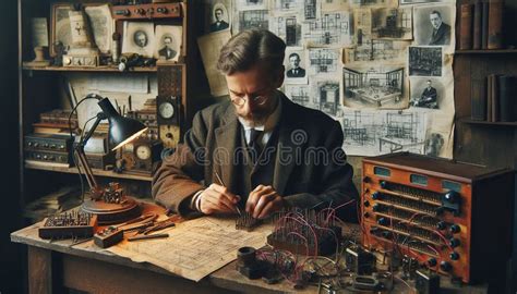 Vintage Inventor In Workshop With Blueprints And Tools Stock Illustration Illustration Of