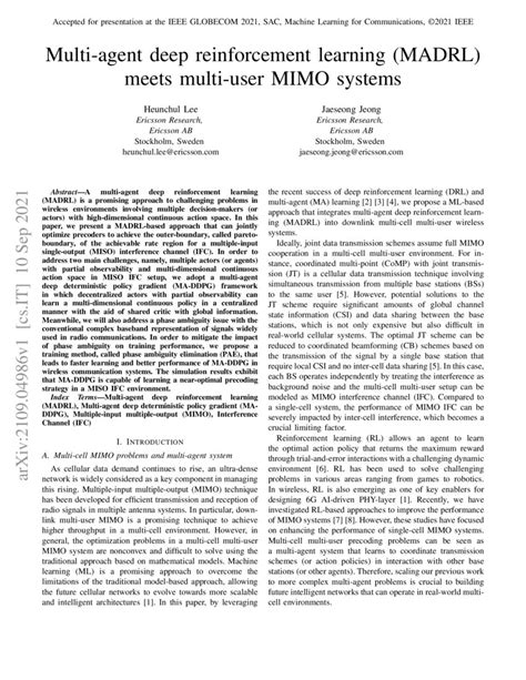 multi agent deep reinforcement learning madrl meets multi user mimo systems deepai
